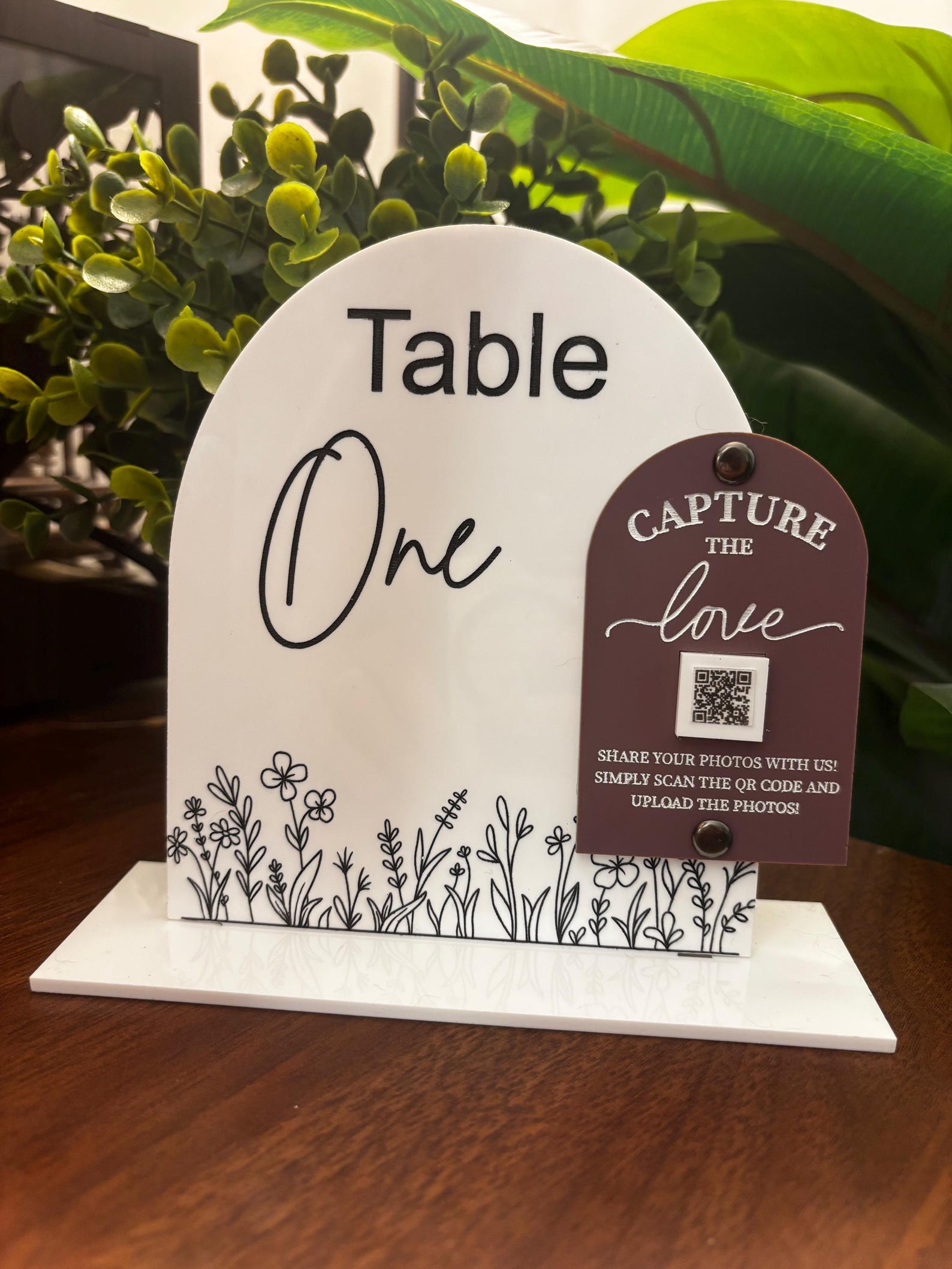Acrylic Wedding Table Number Sign With QR Code Tag – Floral Design ...