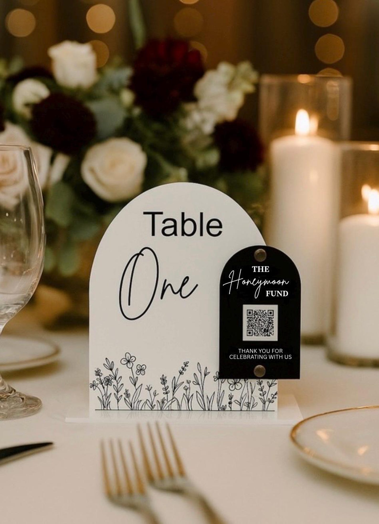 Acrylic Wedding Table Number Sign With QR Code Tag – Floral Design ...