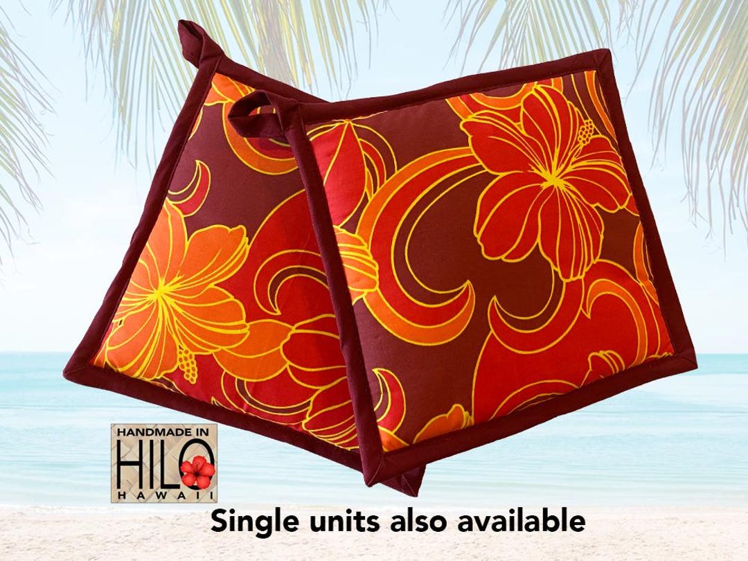 Hawaiian Pot Holder, Hibiscus Flowers on Red Orange Background Hot Pad ...