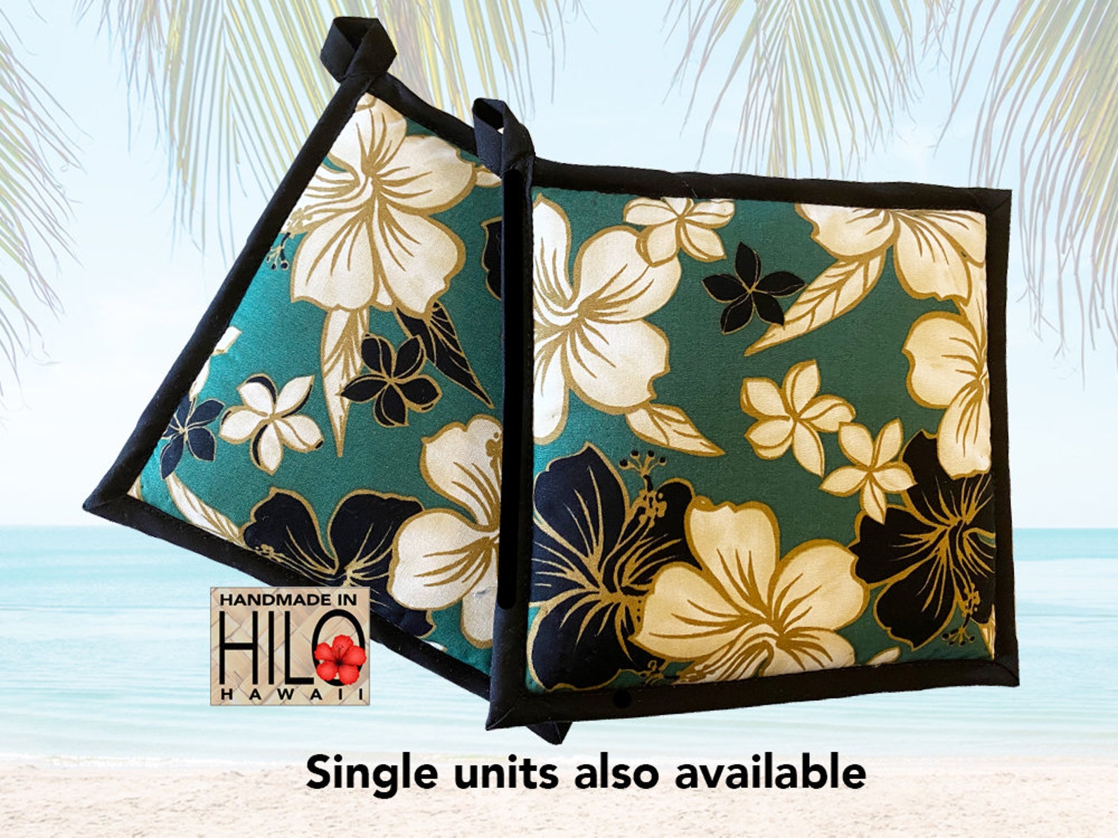 Hawaiian Pot Holder, Black & White Hibiscus on Green Background Hot Pad ...