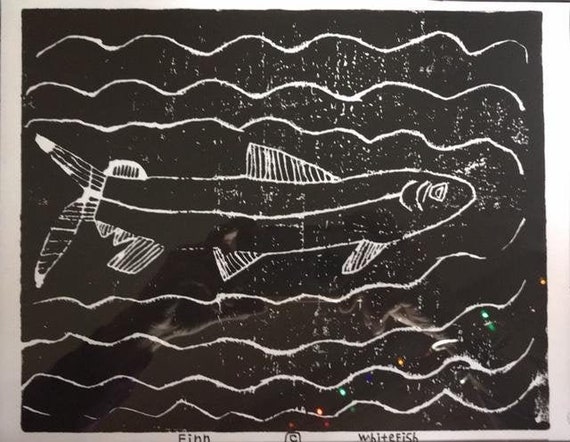 Lake Michigan Fish Print Linoleum Cut Print Ink Print | Etsy