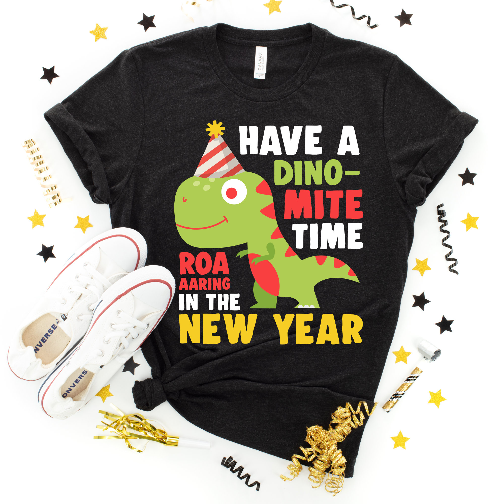 Cute Cartoon Dino Roaring in New Year / Celebrate New Years Countdown ...
