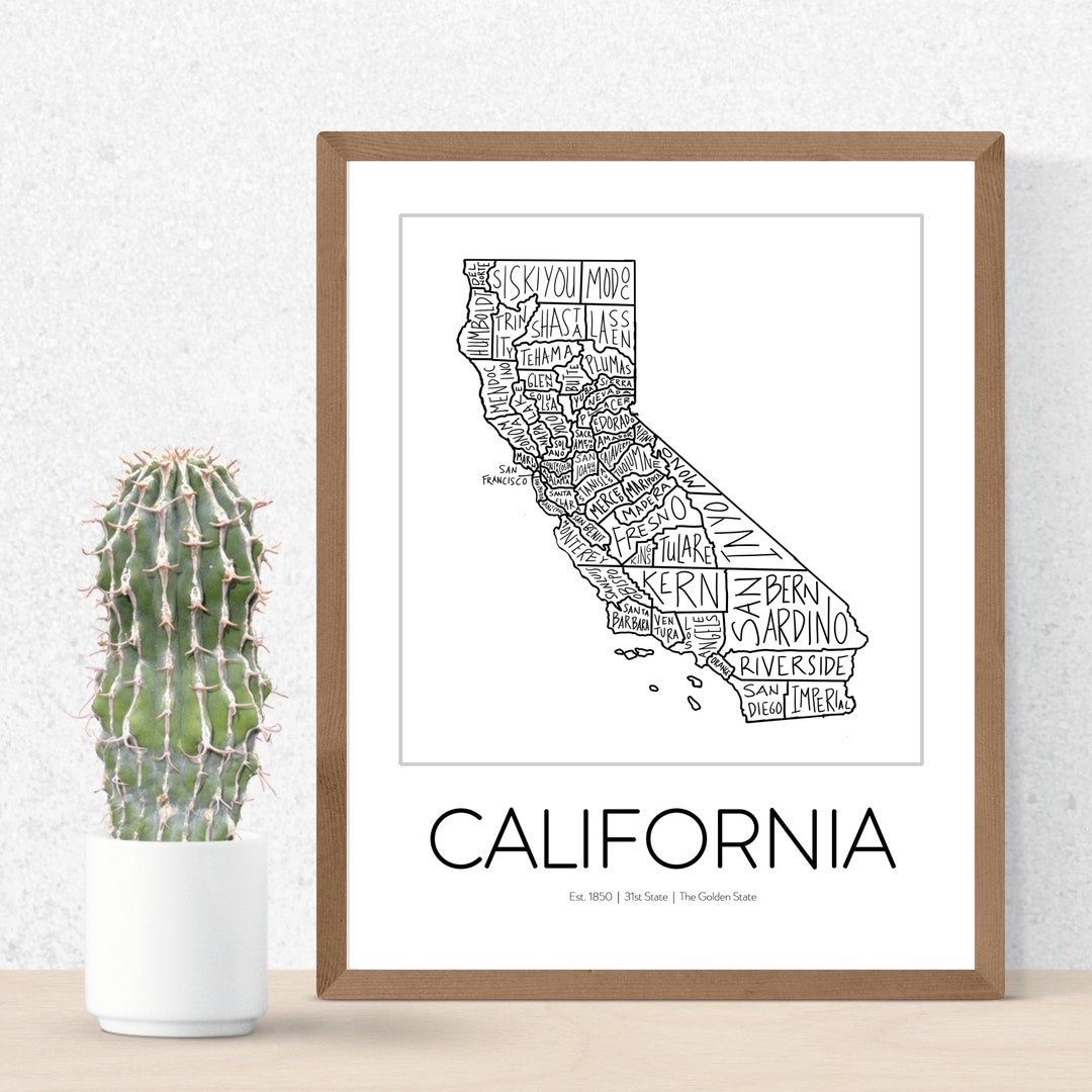 California Map Art, California Counties Print, California Hand-drawn ...