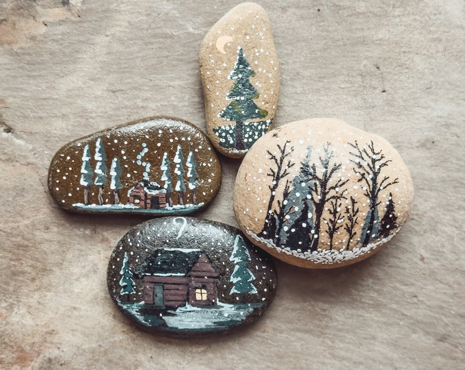 Small Painted Winter Stones, Set of 4, Painted Rocks, Rock Art, Rock ...