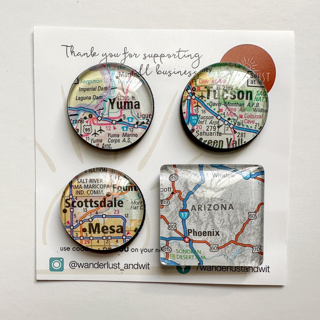 Arizona State and City Upcycled Map Magnets, Set of 4, Travel Magnets ...