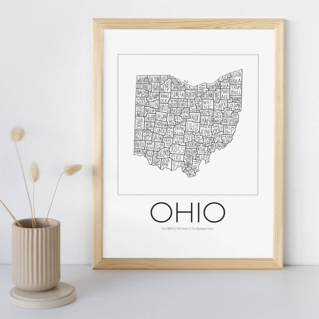 Ohio Map Art, Ohio Counties Print, Hand Drawn Ohio Map, Travel Map ...