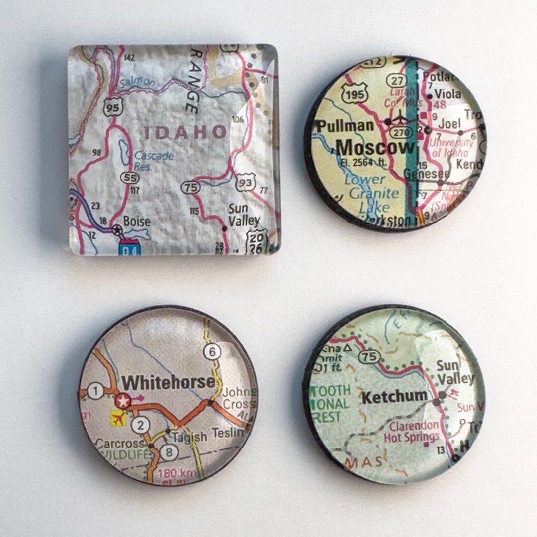 Idaho State and Cities ketchum, Moscow, Whitefish Upcycled Map Magnets ...