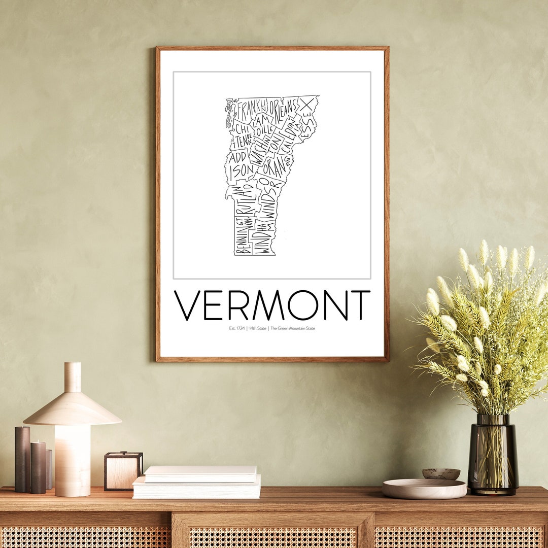 Vermont Map Art, Vermont Counties Print, Hand Drawn Vermont Map, Travel ...