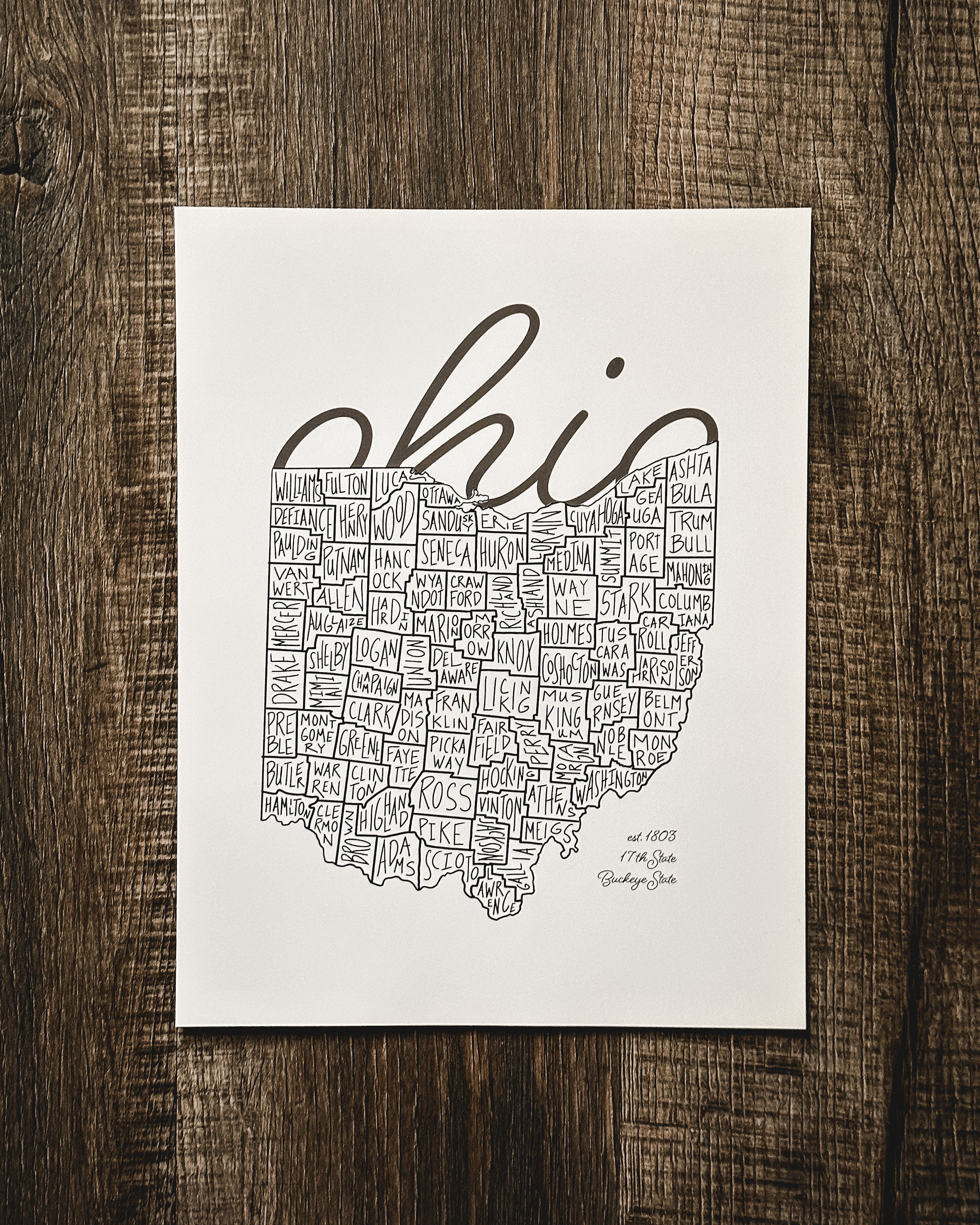 Ohio State County Map Unique Map of Ohio, Ohio Art Print, Wall Decor ...