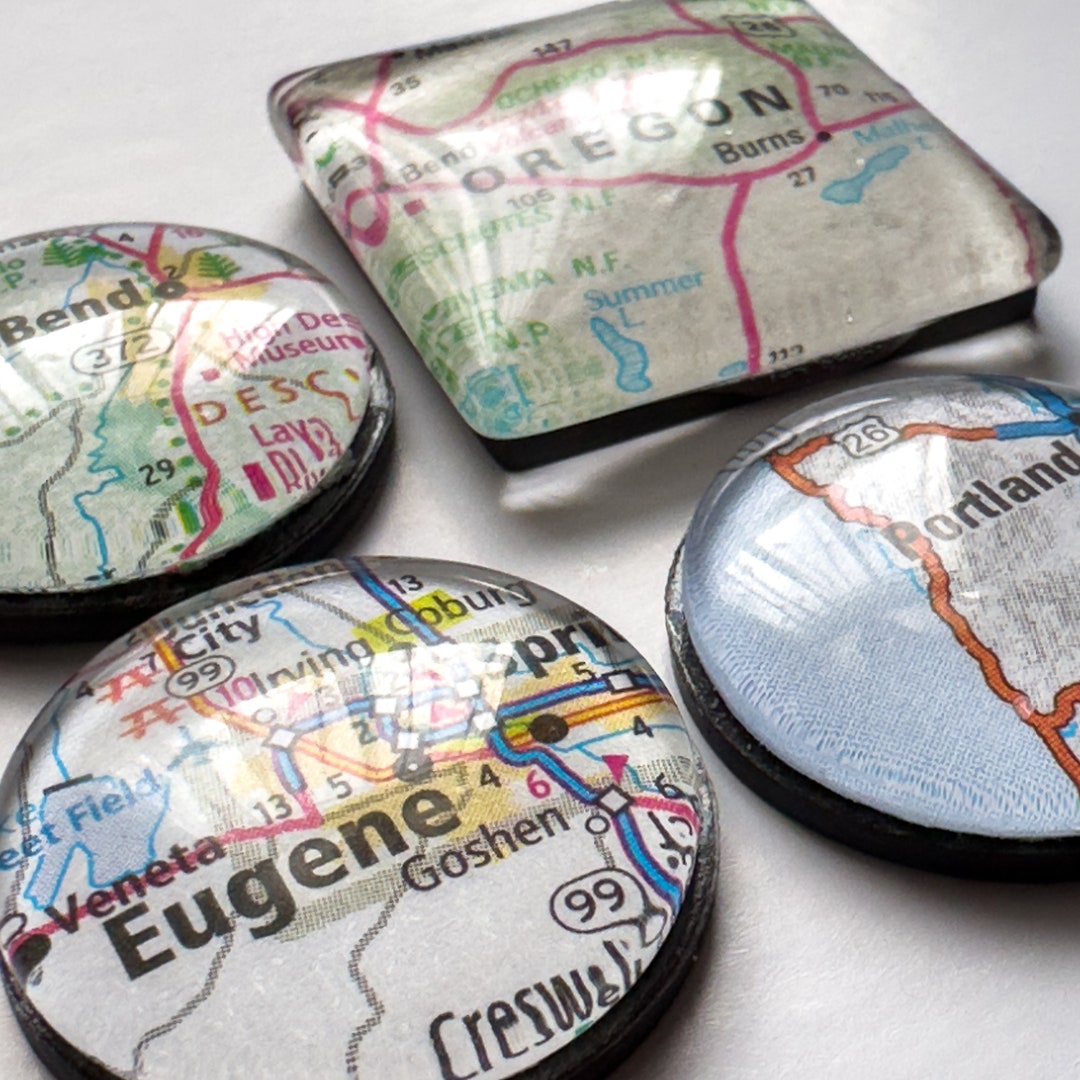 US State and City Upcycled Map Magnets, Set of 4, Travel Magnets ...