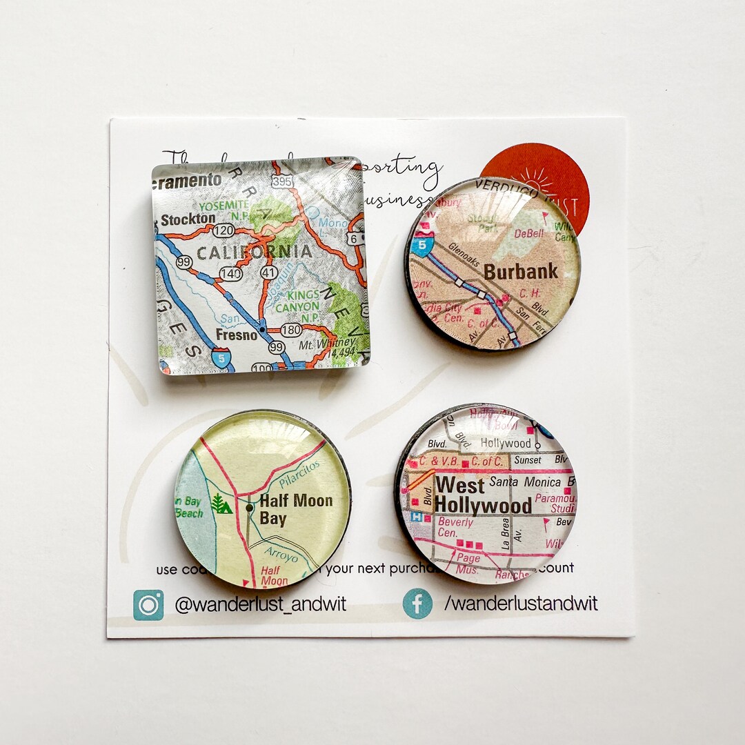 California State and City Upcycled Map Magnets, Set of 4, Travel ...