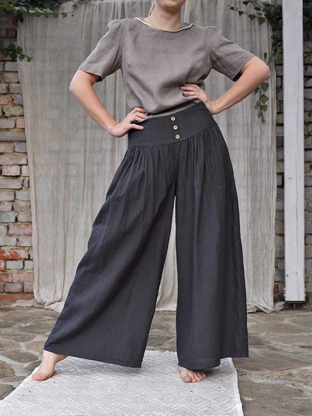 Linen Wide-leg Maxi Trousers. Low Waist Trousers. Long, Loose Women's ...