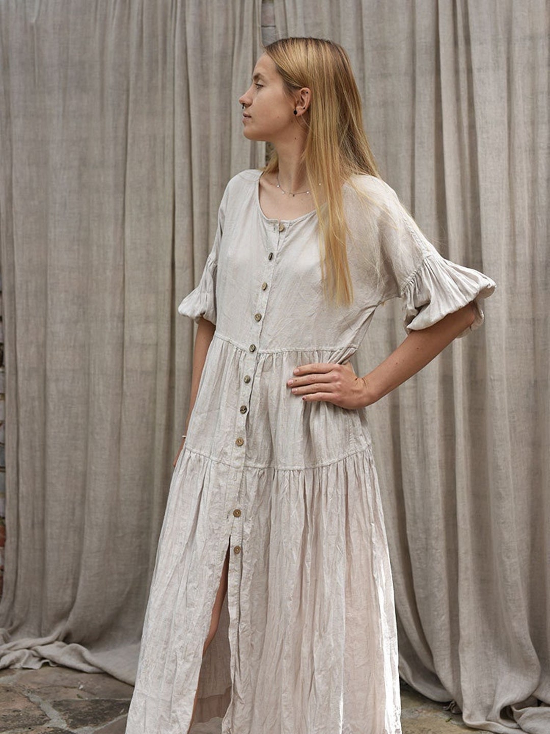 Long, Linen Dress With Frills/ Women's Button-down Long Shirt/ Boho ...