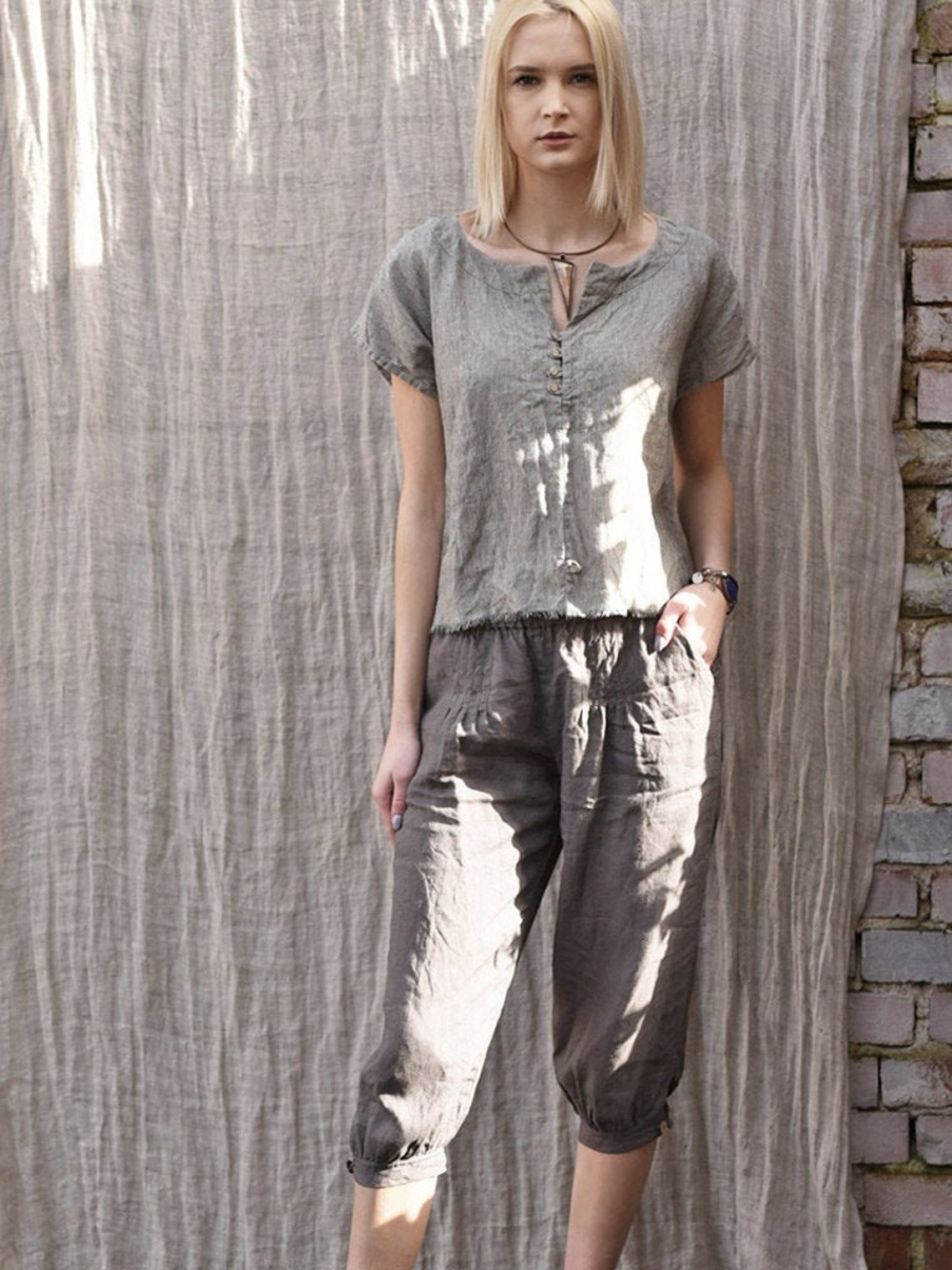 Woman Linen V-neckline Fastened With Strings Top. Rough Edges Linen ...