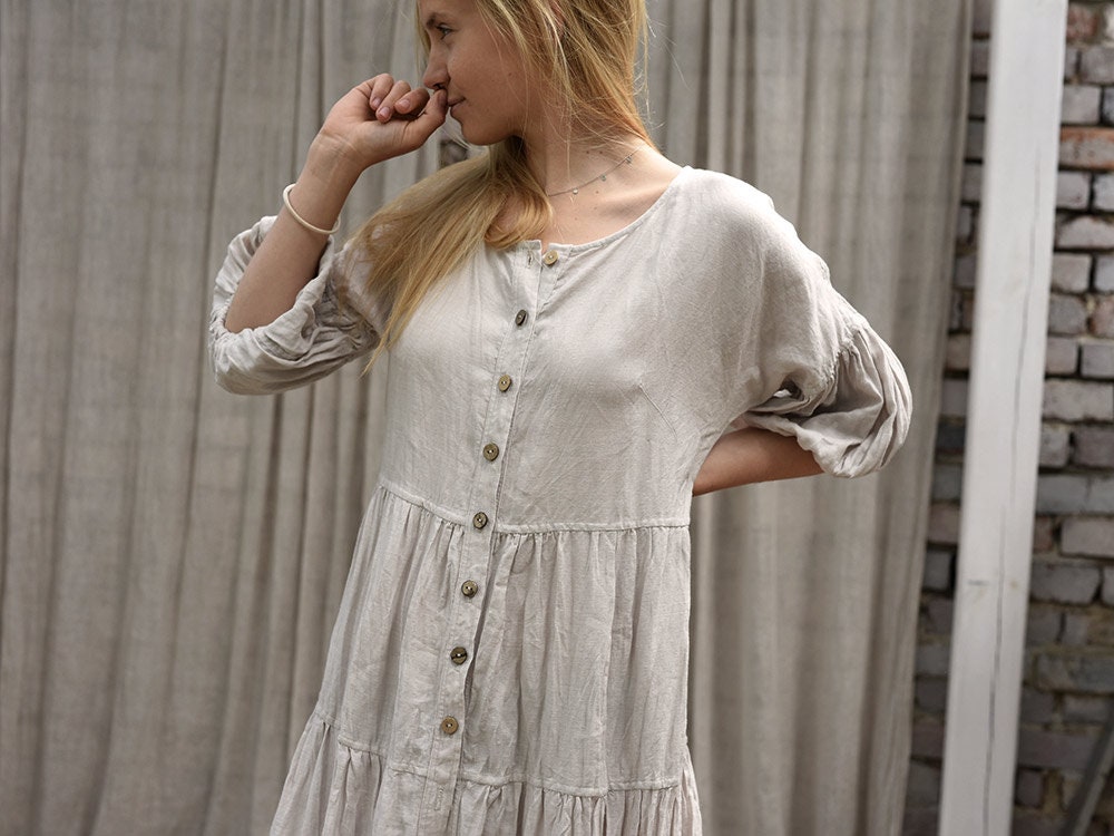 Long, Linen Dress With Frills/ Women's Button-down Long Shirt/ Boho ...