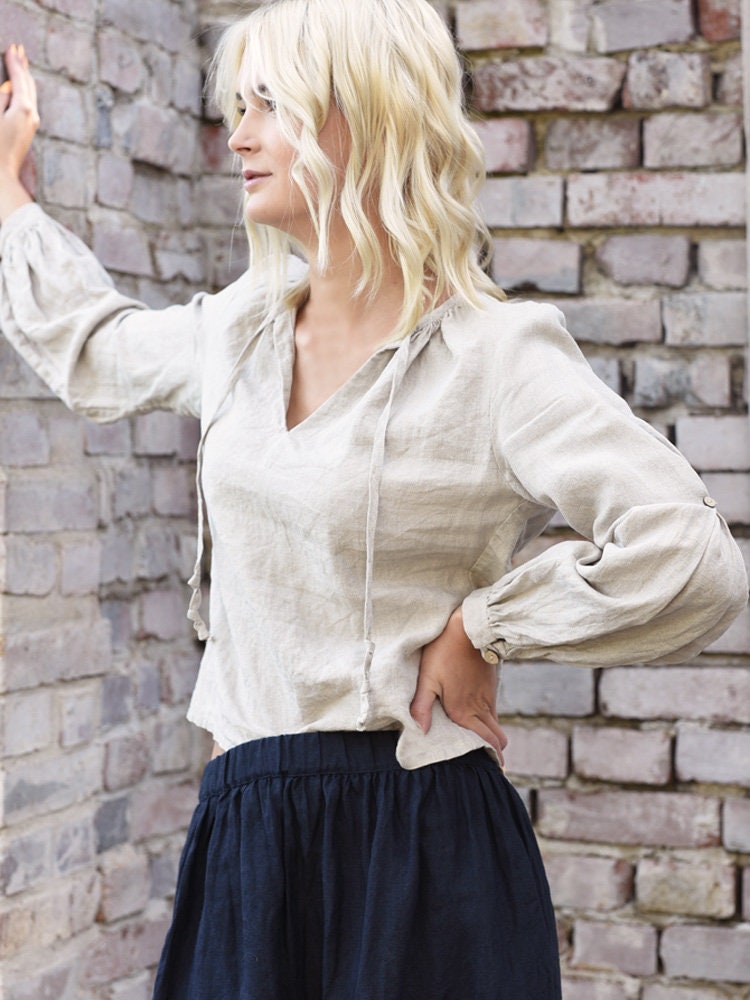 Women's Linen Cosy Blouse With Puffy Sleeves. Light Linen Peasant Top ...