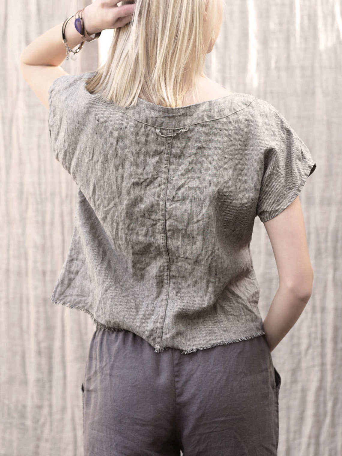 Woman linen V-neckline fastened with strings top. Rough edges | Etsy