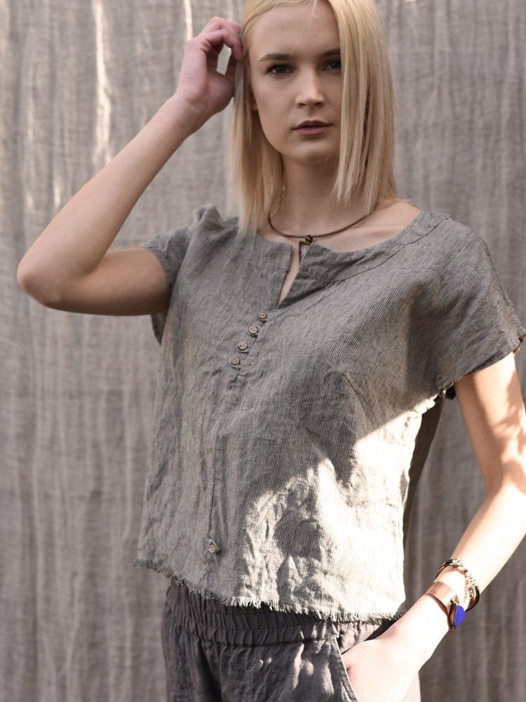 Woman Linen V-neckline Fastened With Strings Top. Rough Edges Linen ...