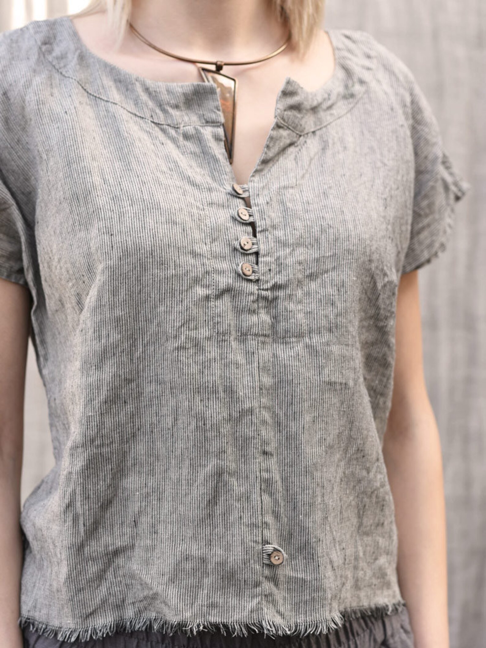 Woman Linen V-neckline Fastened With Strings Top. Rough Edges Linen ...