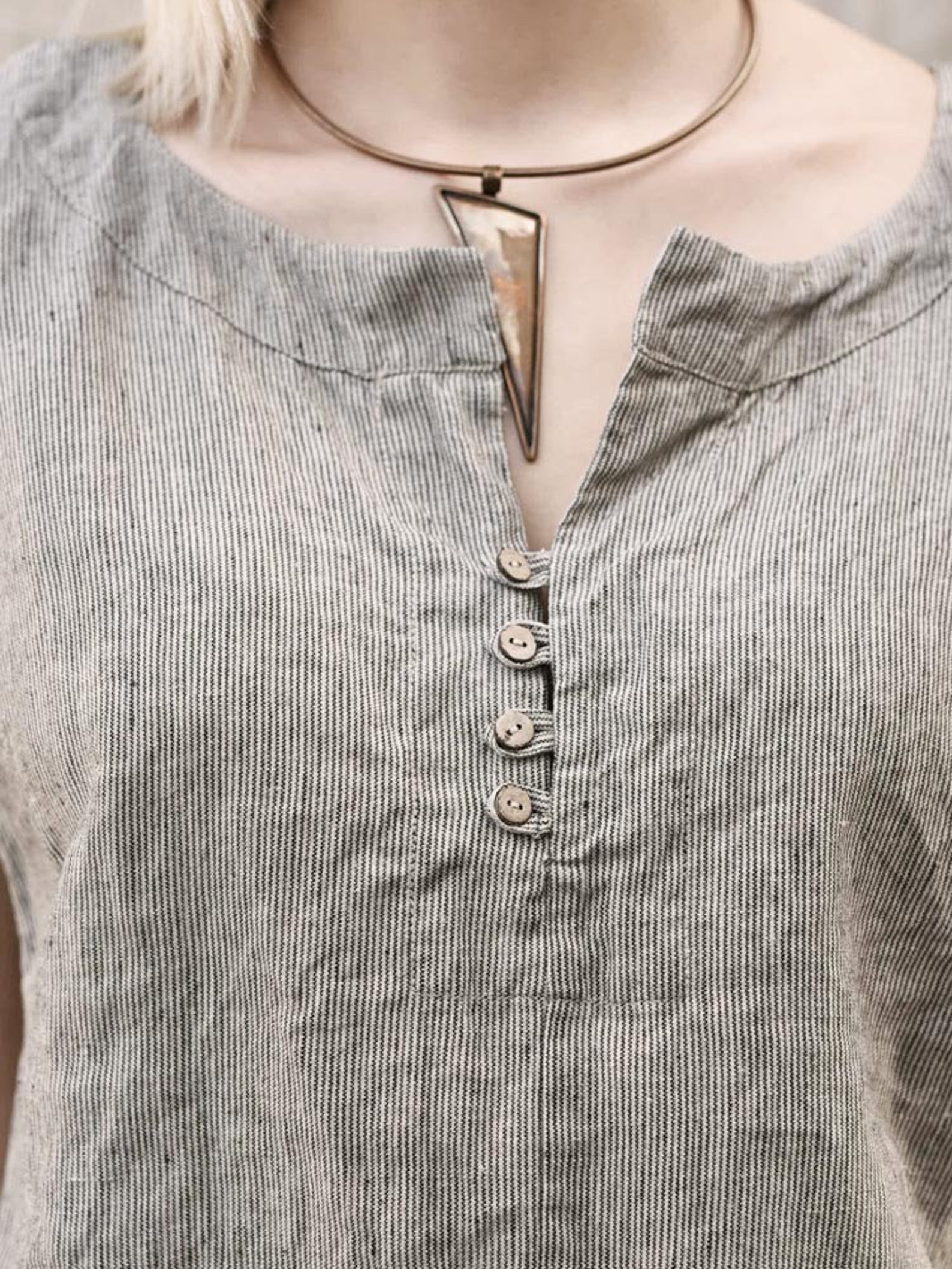 Woman Linen V-neckline Fastened With Strings Top. Rough Edges Linen ...