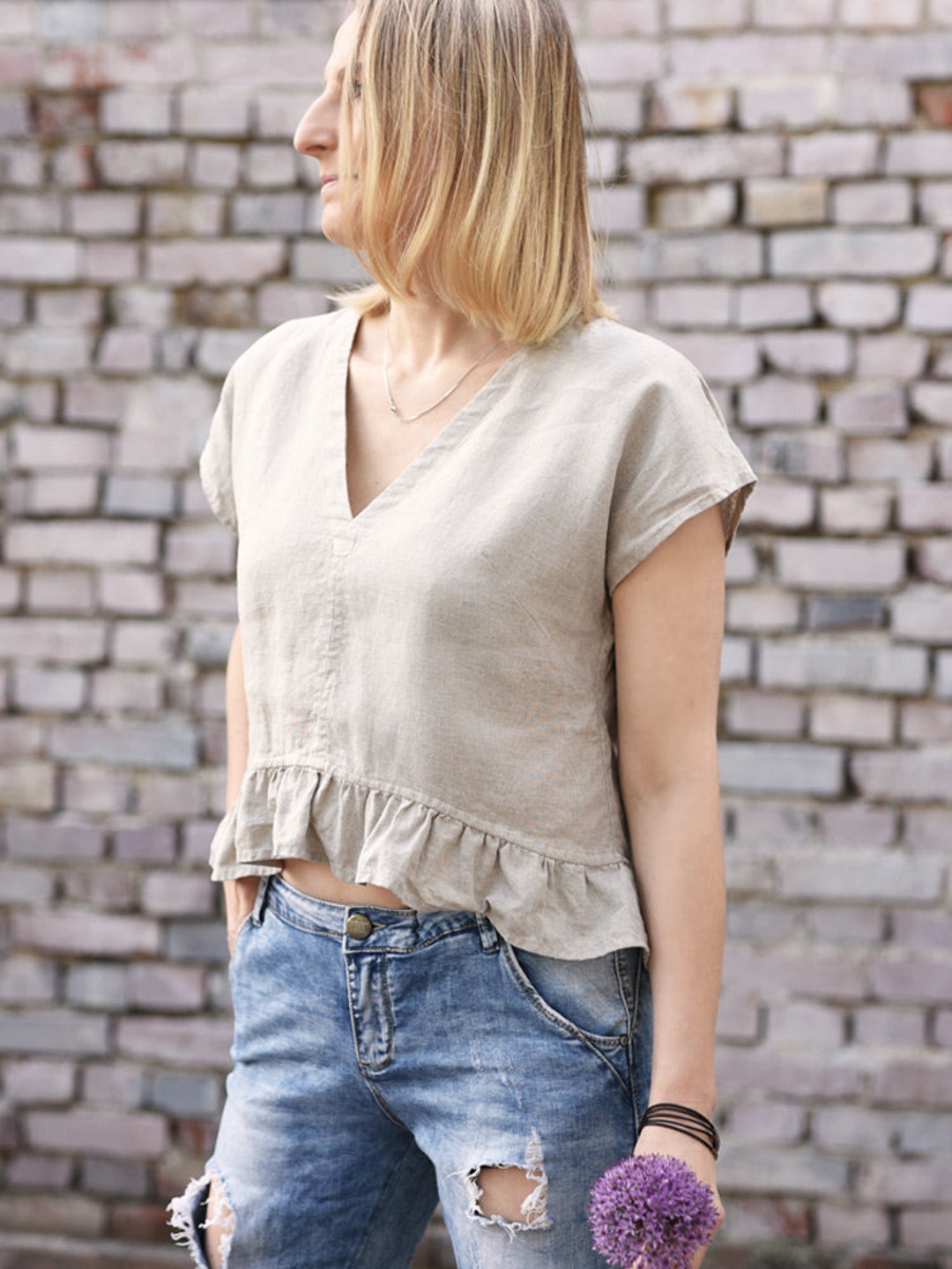 Linen Ladies Crop Top With Frills. Women Linen Blouse. Linen Top in V ...