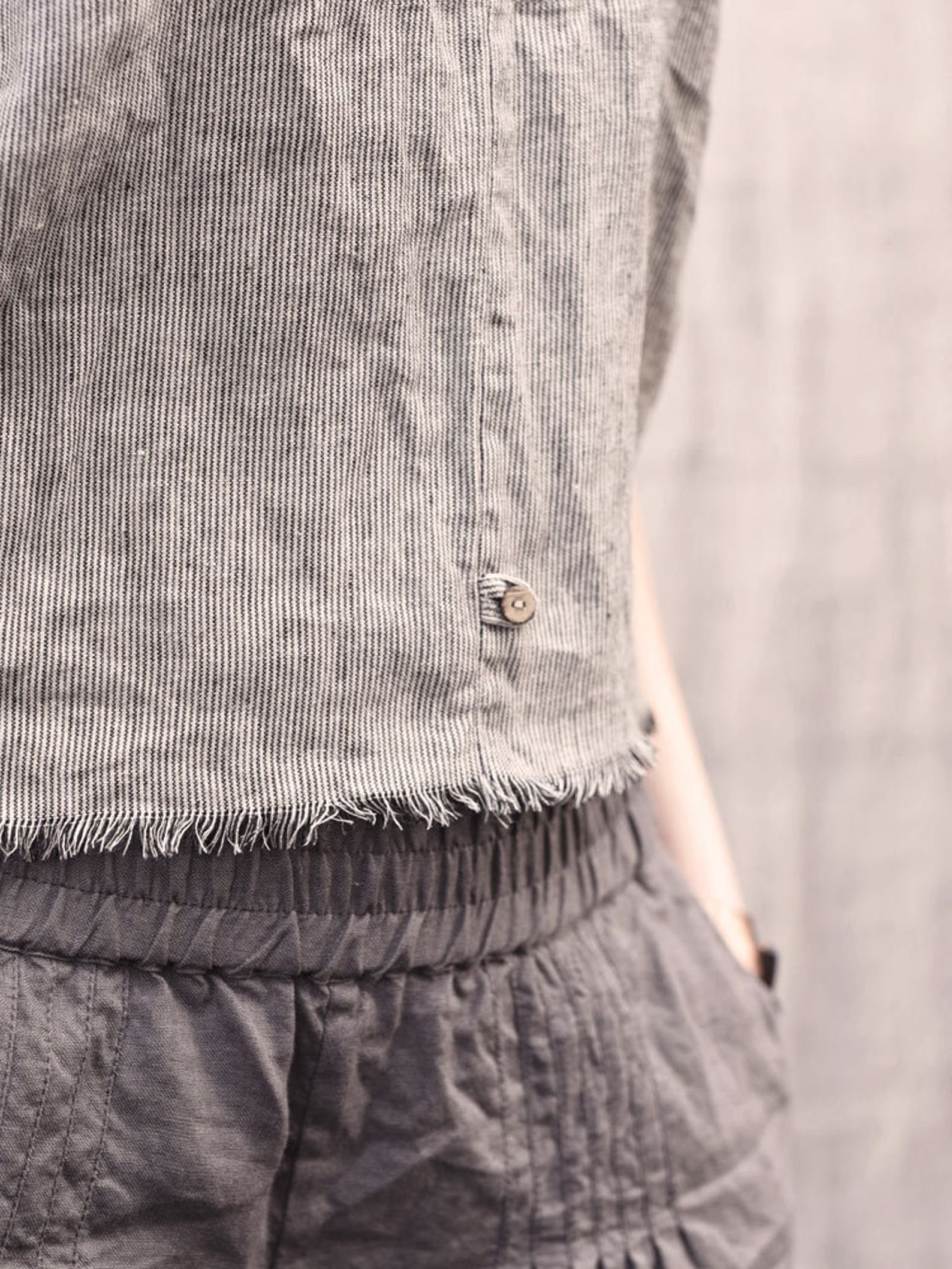 Woman Linen V-neckline Fastened With Strings Top. Rough Edges Linen ...