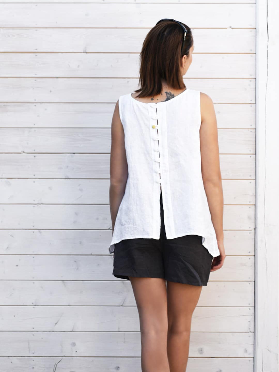 White Linen Top, Sleeveless With Buttons at the Back. Loose Linen ...