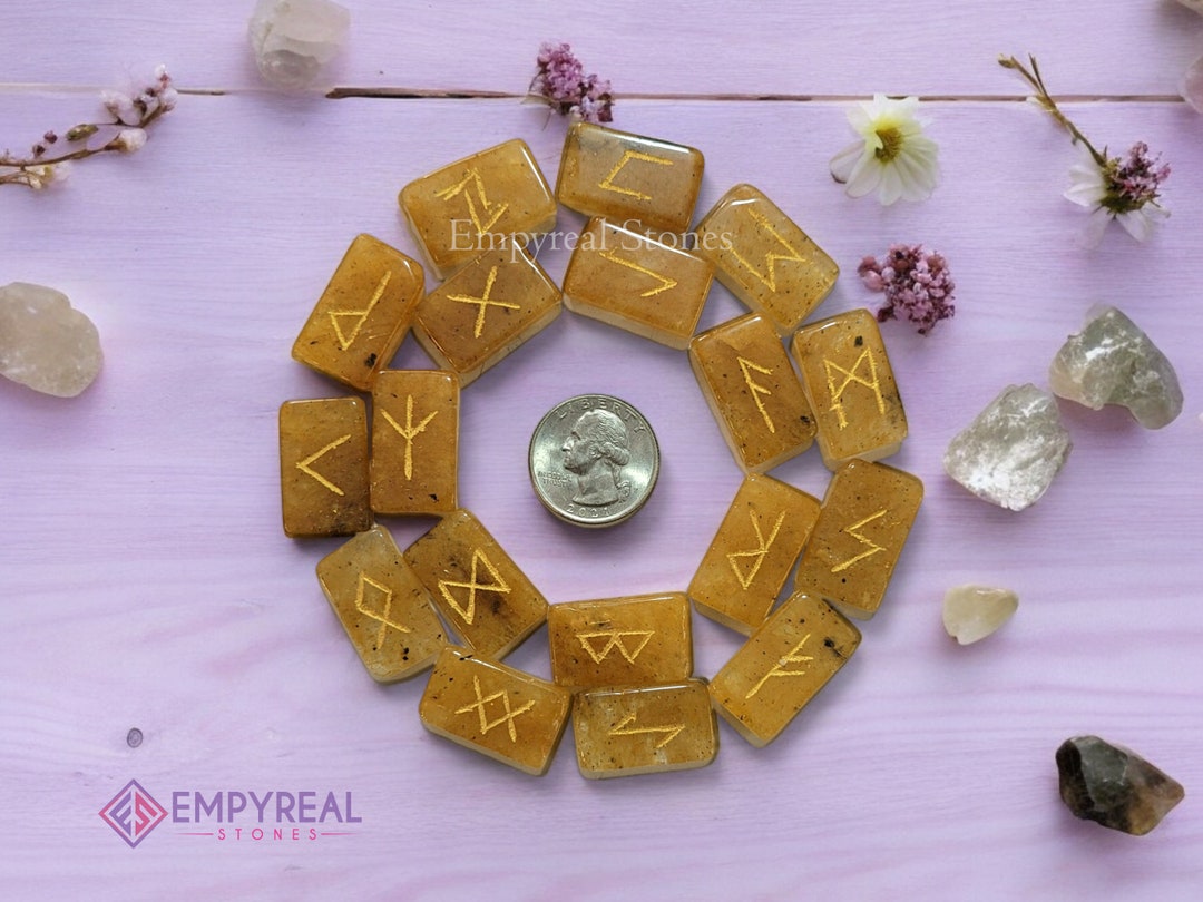 Golden Quartz Rune Stones Set Handcrafted Divination Tool for Spiritual ...