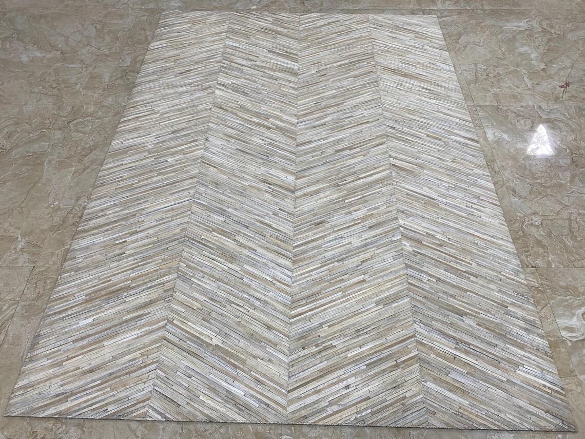 Neutral Chevron Cowhide Rug, Patchwork Leather Area Rug, Scandinavian ...