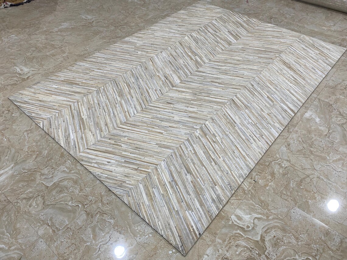 Neutral Chevron Cowhide Rug, Patchwork Leather Area Rug, Scandinavian ...