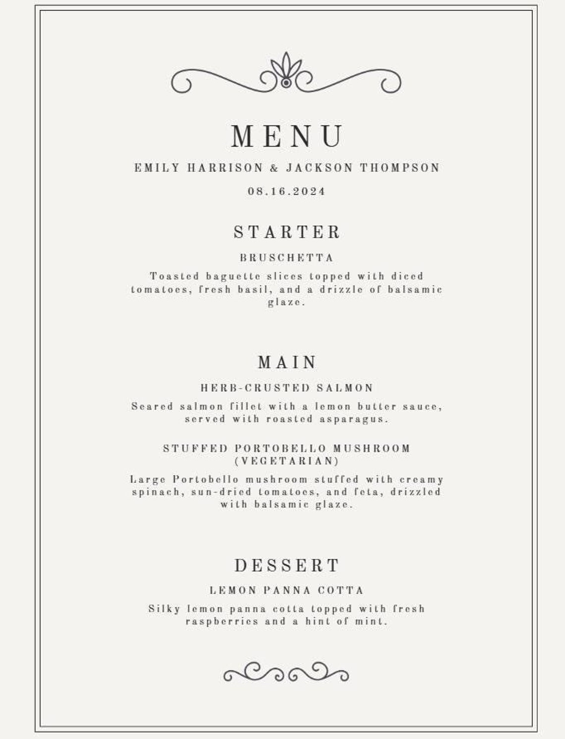 Classic Wedding Menu Template - Simple/ Elegant Starter, Main, Dessert ...