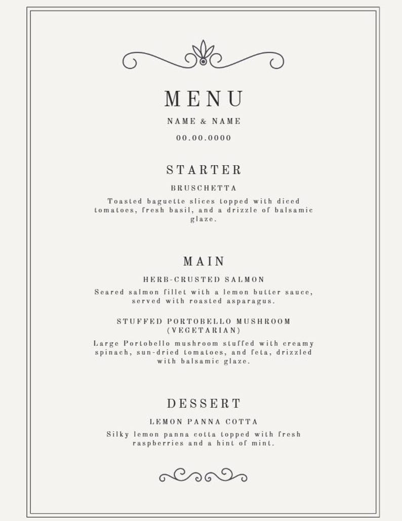 Classic Wedding Menu Template - Simple/ Elegant Starter, Main, Dessert ...