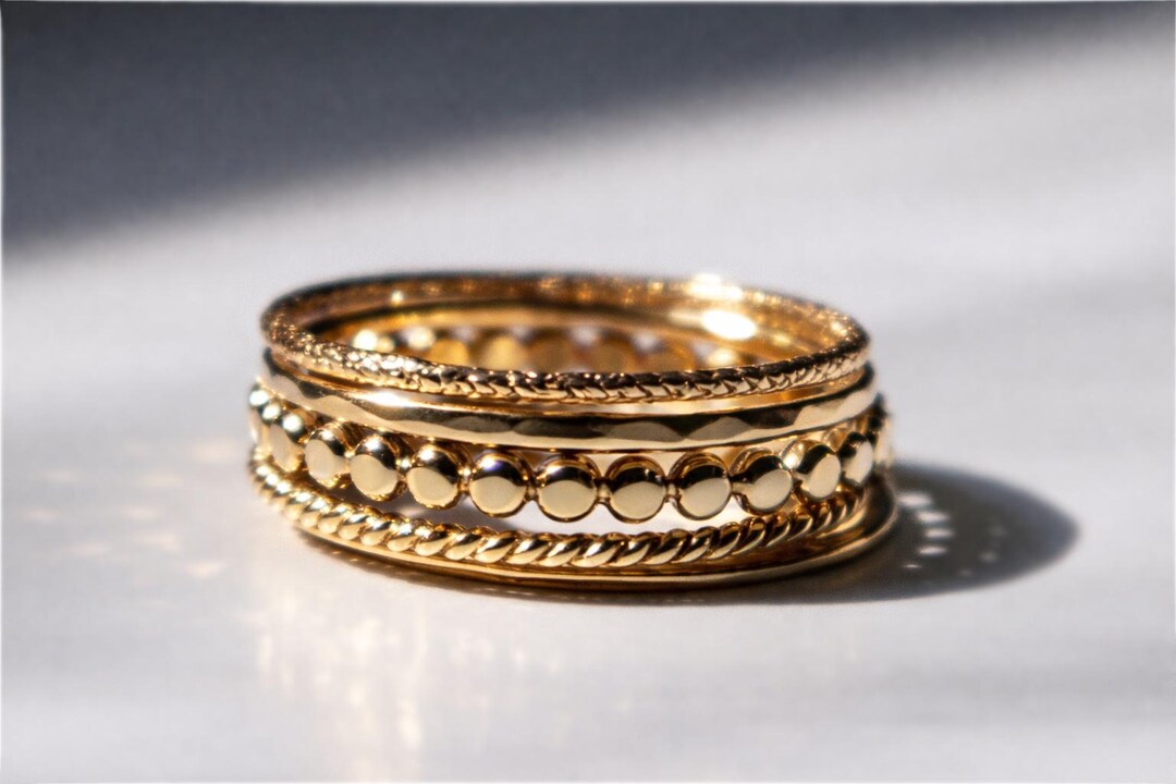 Gold Ring, 14k Gold Filled Stacking Ring Set, Hammered Twist Bead ...