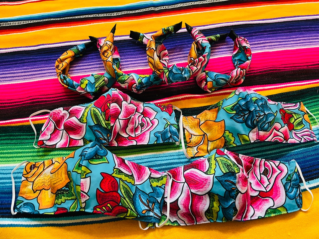 Set of Face Cover and Tiara Mexican Floral Printed Fabric Facemask - Etsy