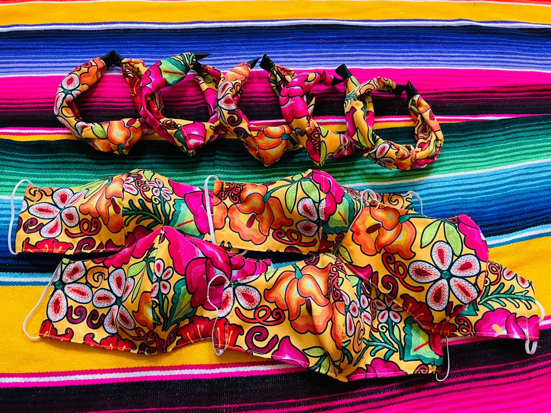 Set of Tiara and Facemask Mexican Floral Fabric Mexican Face Cover - Etsy