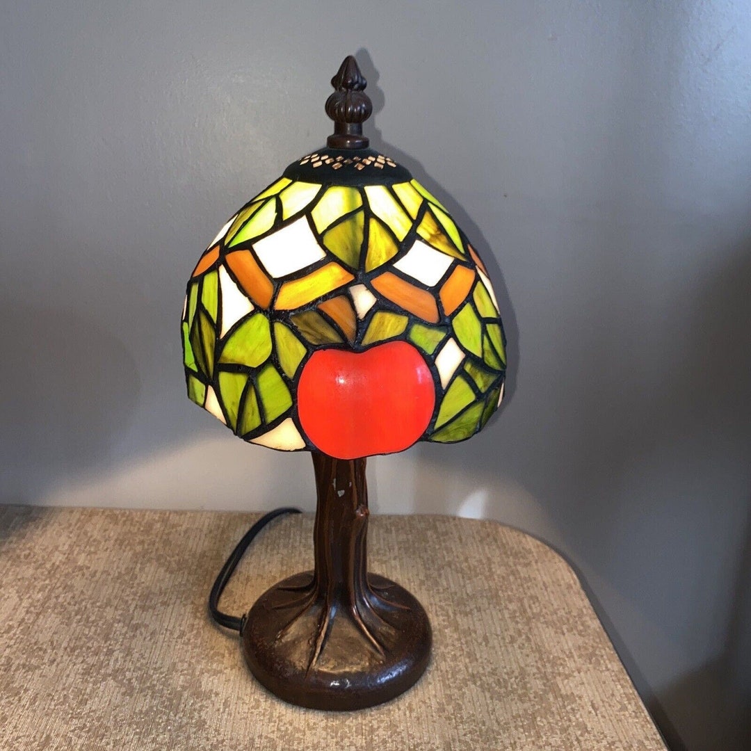 Tiffany Style Stained Glass Shade Apple Metal Tree Trunk Lamp ...