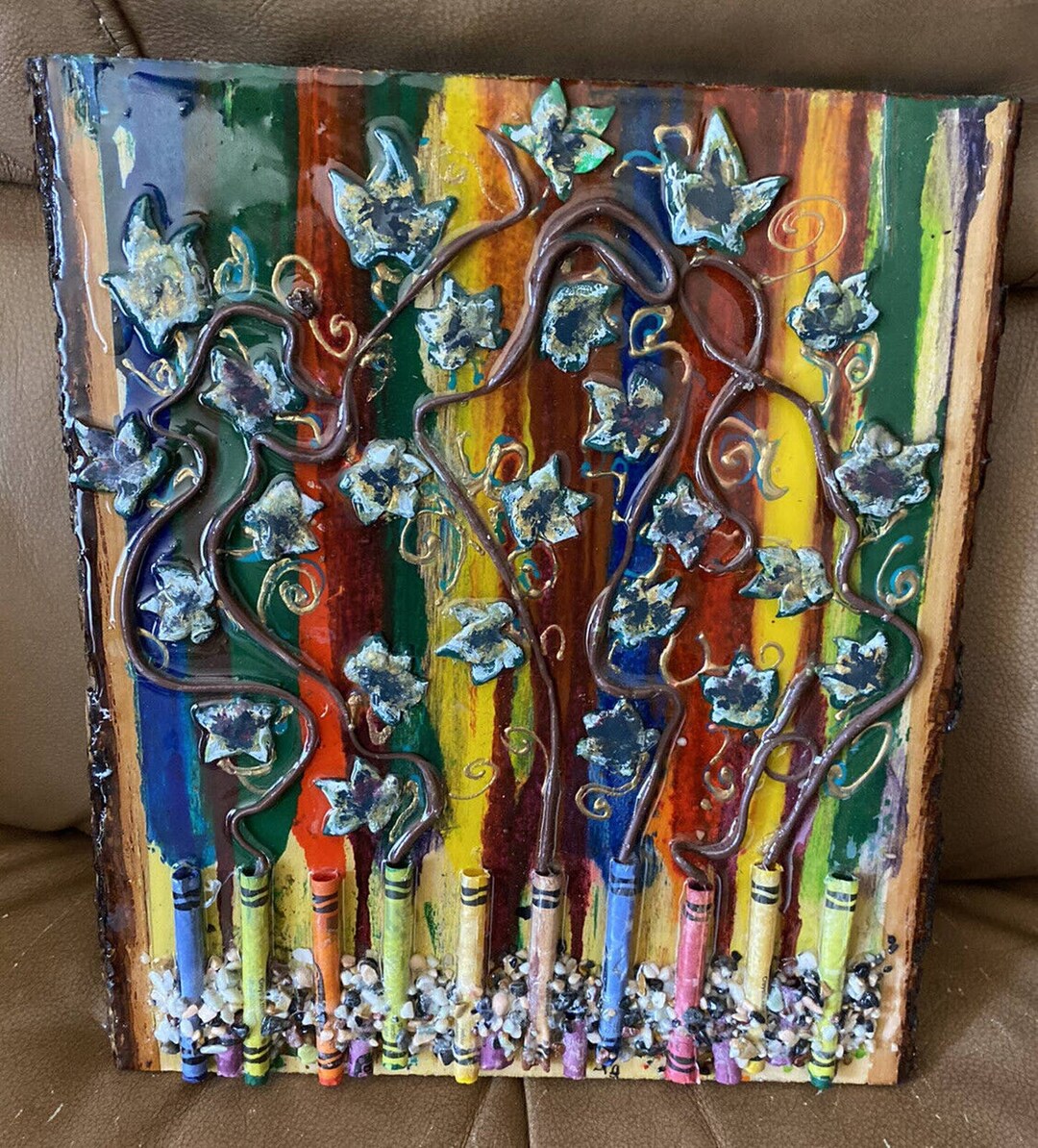 Crayola Art Fall Painting Melted Crayon Tree Leaves on Wooden Log Slice ...