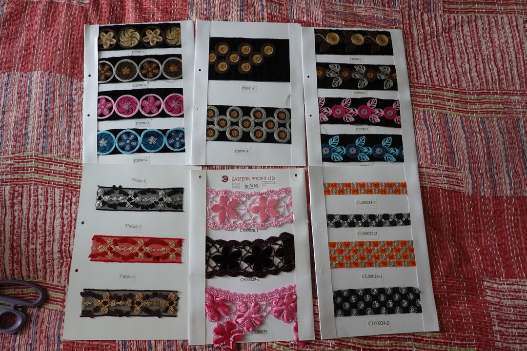 6 Cards of HABERDASHERY RIBBON SAMPLES Sequins & Lace Lengths 6 820 ...