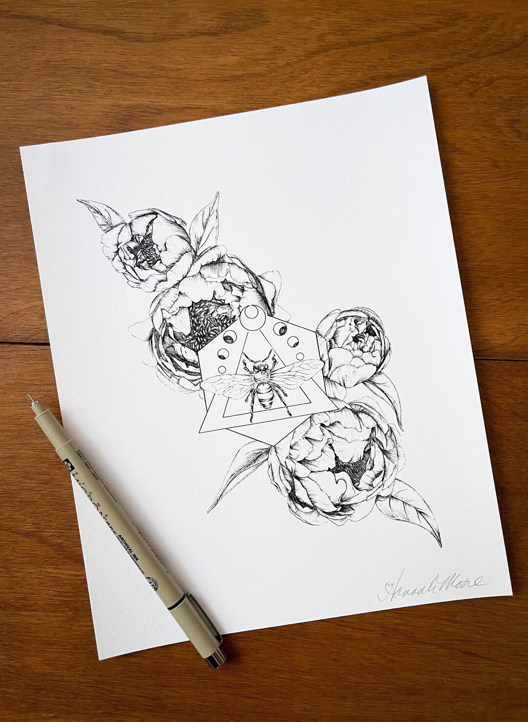 Bee Peony and Moon Phases Print Fine Line Art Tattoo Art - Etsy