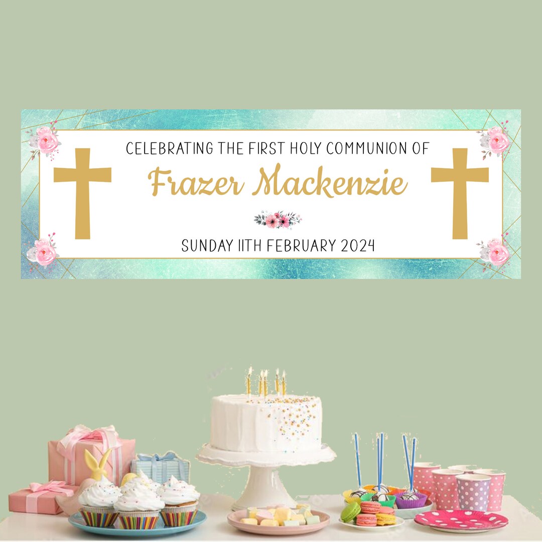 Personalised First Holy Communion Party Banner, Green & Gold, Poster ...