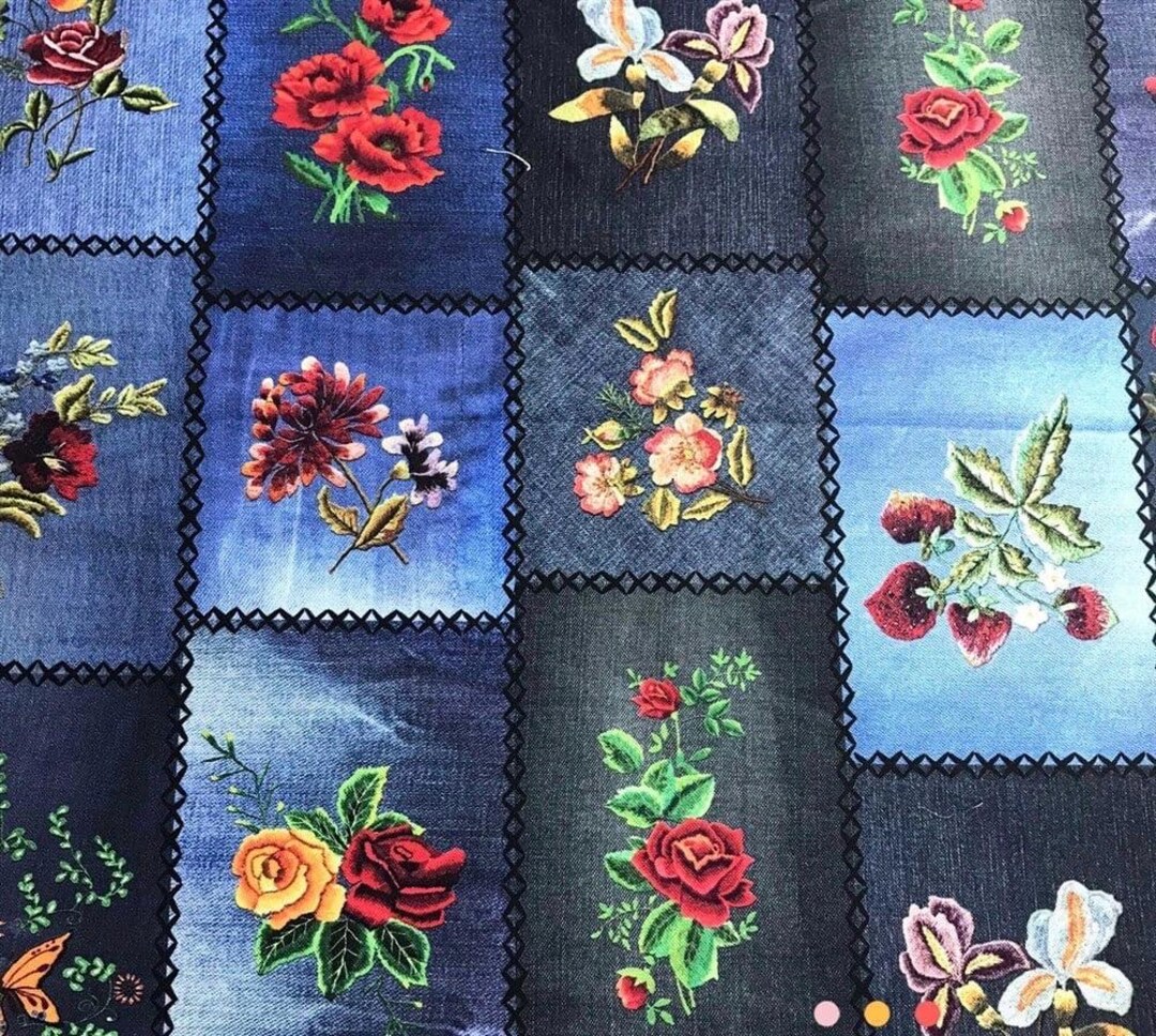 Blue Jean Patchwork Black Stitched Fabric for Cushions, Runners, Covers ...