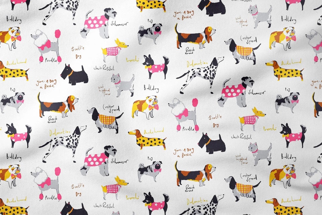 Hand Drawn Dogs Bulldog, Russel, Pug, Poodle Patterned Fabric by the Yard for Upholstery ...