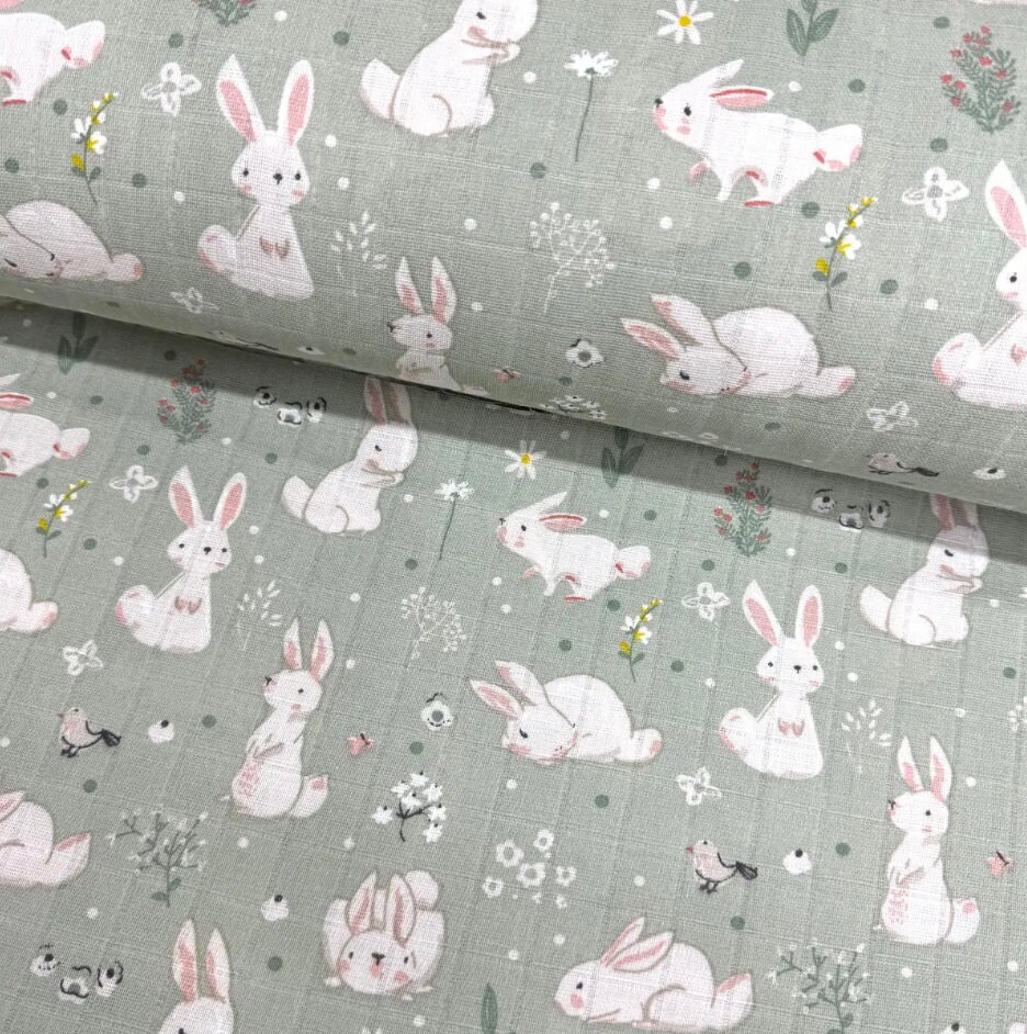 Curious Rabbit Patterned Muslin Fabric Double Gauze Cotton Muslin ...