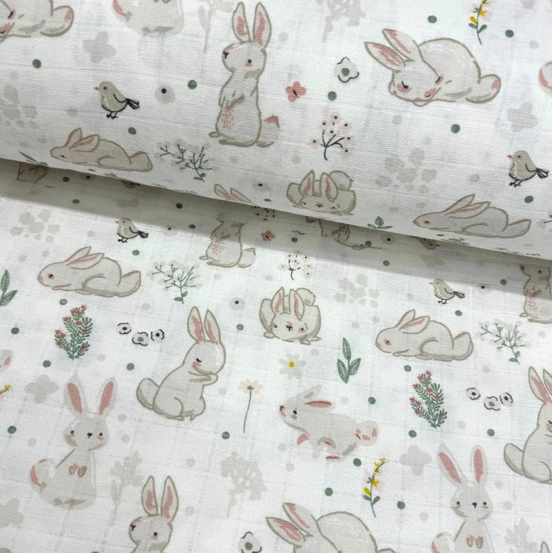 Curious Rabbit Patterned Muslin Fabric Double Gauze Cotton Muslin ...