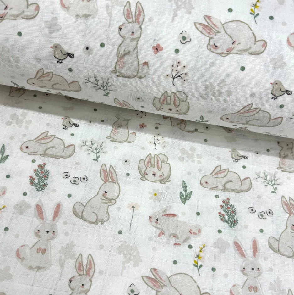 Curious Rabbit Patterned Muslin Fabric Double Gauze Cotton Muslin ...