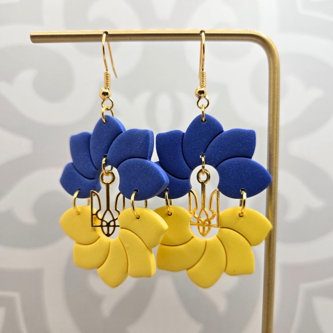Crescent Tryzub Trident Drop Earrings | Ukraine | Yellow | Blue | Gold ...