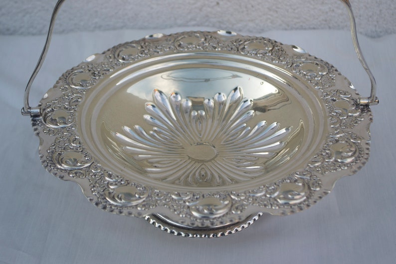 Antique Large Silver Plate Serving Bowl Pedestal Base Swing Handle 28cm ...