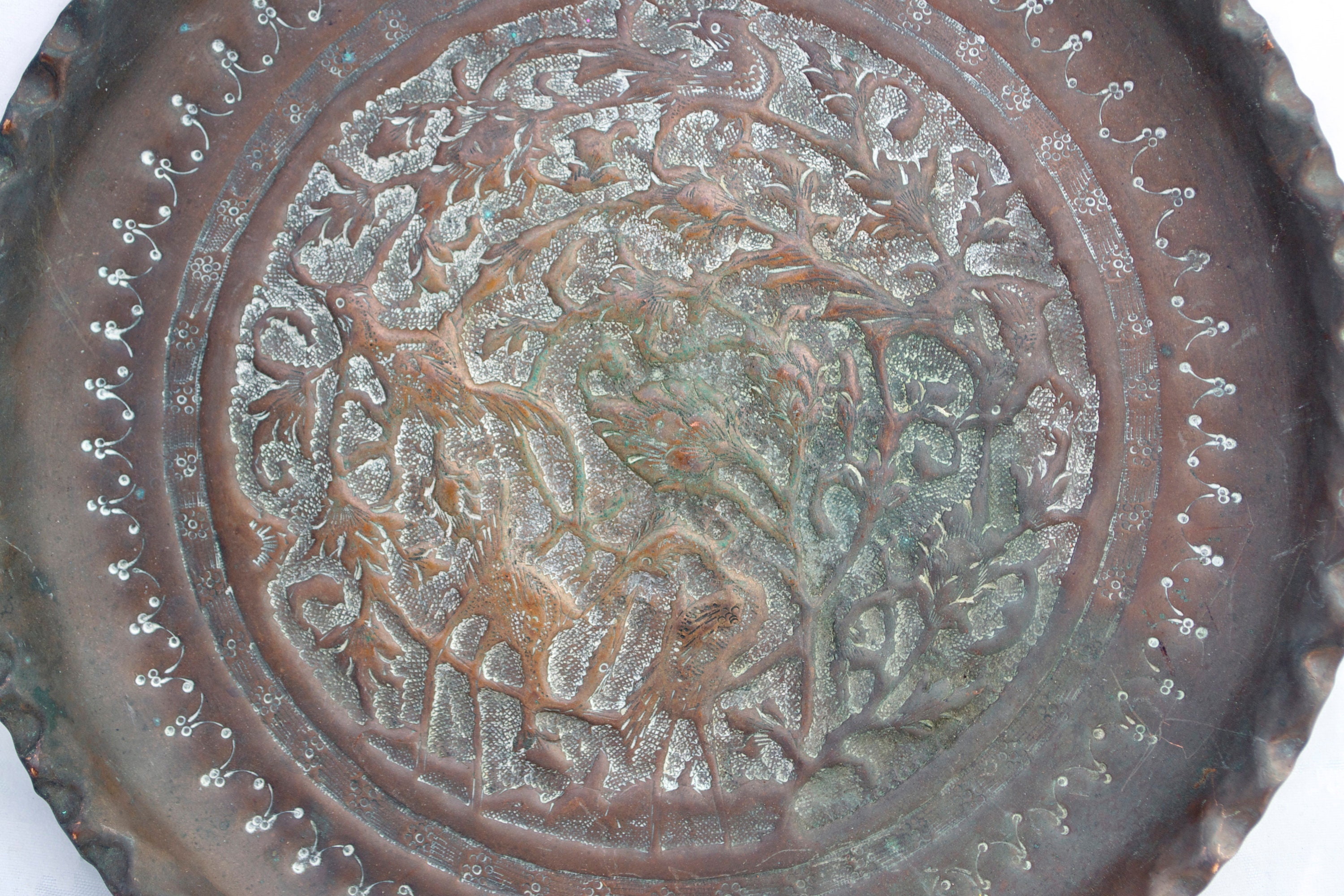 Antique Chinese Embossed Copper Plate Embossed Plaque Storks / Heron ...