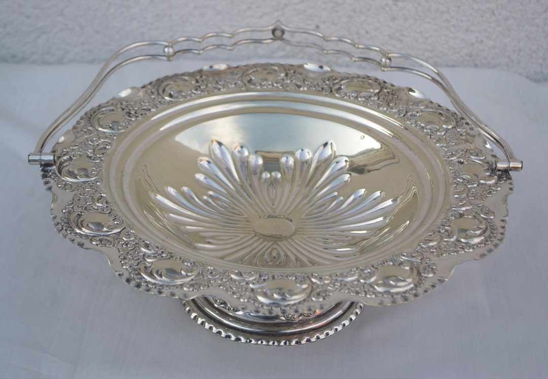 Antique Large Silver Plate Serving Bowl Pedestal Base Swing Handle 28cm ...
