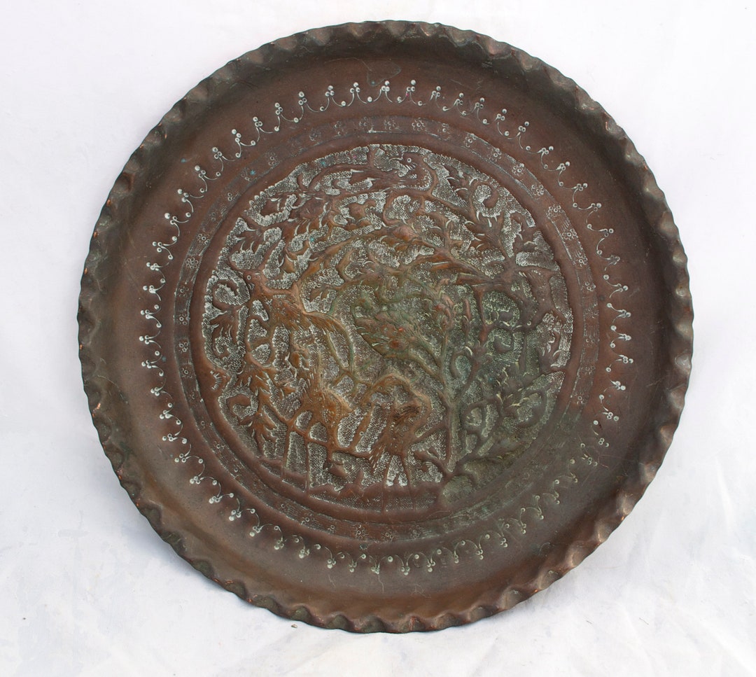 Antique Chinese Embossed Copper Plate Embossed Plaque Storks / Heron ...